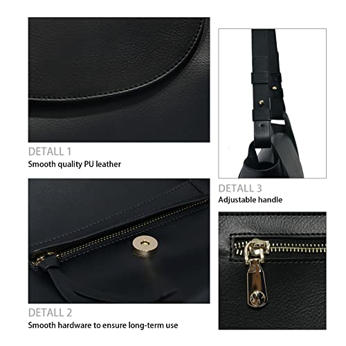 Chinllo Women Flip Tote Bag Fashion Leather Handbags Shoulder Bag with Adjustable Handle (Black)
