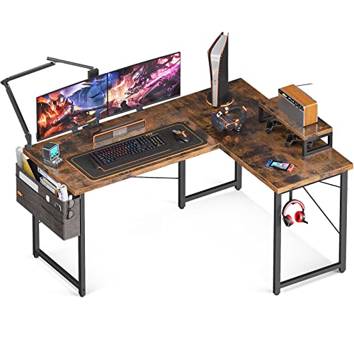 ODK L Shaped Desk, 51" Computer Corner Desk, Gaming Desk, Home Office Writing Desk with Monitor Shelf, Space-Saving Workstation Desk, Modern Simple Wooden Desk, Easy to Assemble, Vintage
