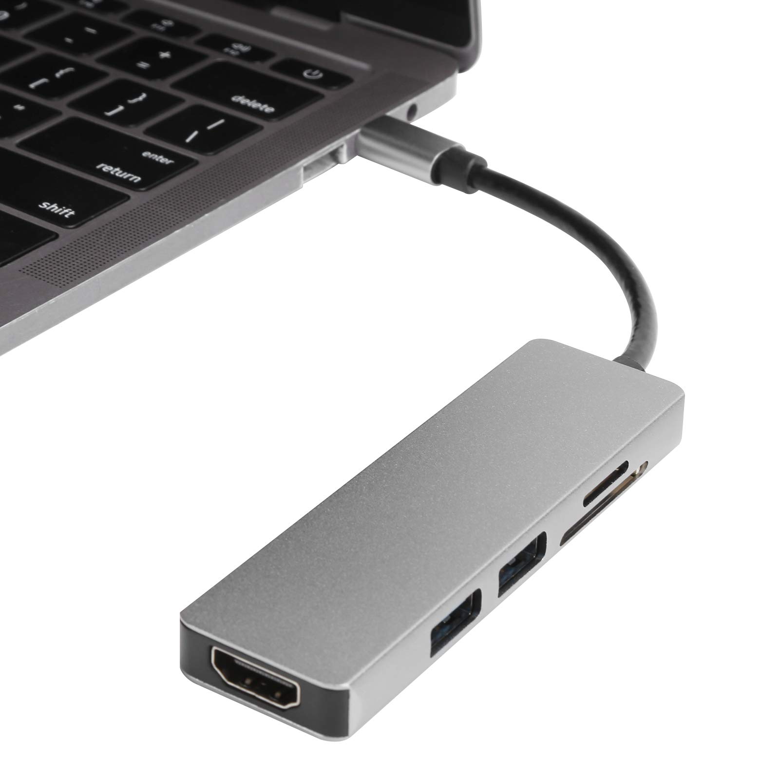 DAUERHAFT Type‑C to HD Multimedia Interface Adapter, Usb3.0X2 5Gbps Fast 5 in 1 Type‑C Adapter Easy to Use High Efficiency with 2Pcs Usb3.0 Output Port for Keyboard