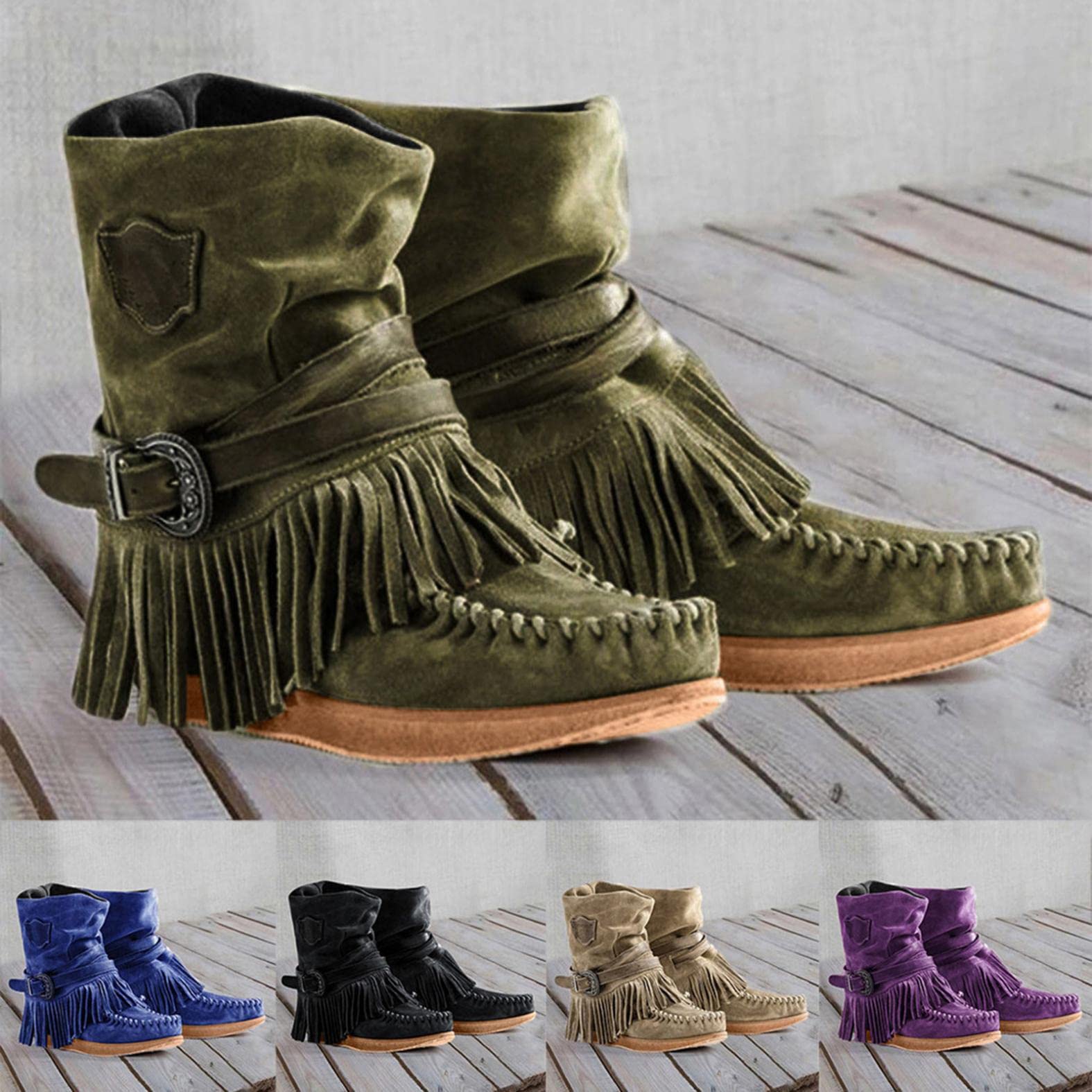 Boots for Women Ankle Booties Women’s Fashion Buckle Ankle Booties Leather Double Strap Fringe Motorcycle Boots Round-Toe/Rubber Lug Sole