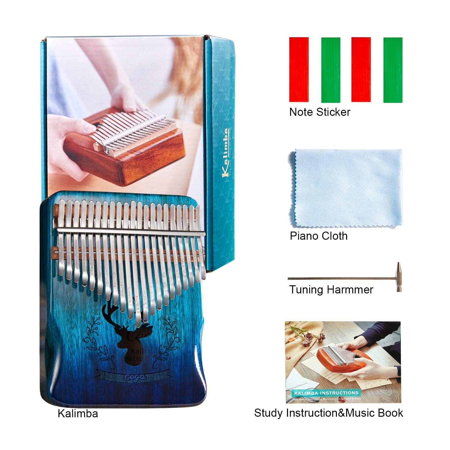 TienClef Kalimba Thumb Piano 21 Keys with Engraved Notes Deer Pattern Handhold Cute Finger Zebrawood Solid Wood Portable Musical Instrument Music Book for Kids Adult Beginner (Gradual Blue)