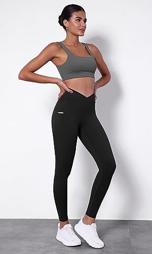 ODODOS Women's Cross Waist Full Length Yoga Leggings with Pockets, Inseam 28" Gathered Crossover Workout Yoga Pants, Black, Medium