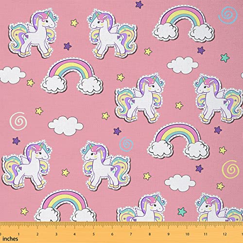 Girls Unicorn Fabric, Rainbow Unicorn Print Upholstery Fabric by The Yard, Cartoon Kawaii White Horse Indoor Outdoor Fabric, Galaxy Stars Fantasy Decorative Fabric for Quilting Sewing, 1 Yard, Pink