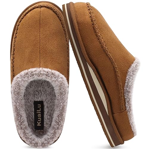 KuaiLu Mens Memory Foam Clog Slippers Comfy Handmade Stitch Microsuede Slip-on House Shoes With Arch Support Warm Faux Fur Lined Rubber Sole Indoor Outdoor Khaki Size 8.5