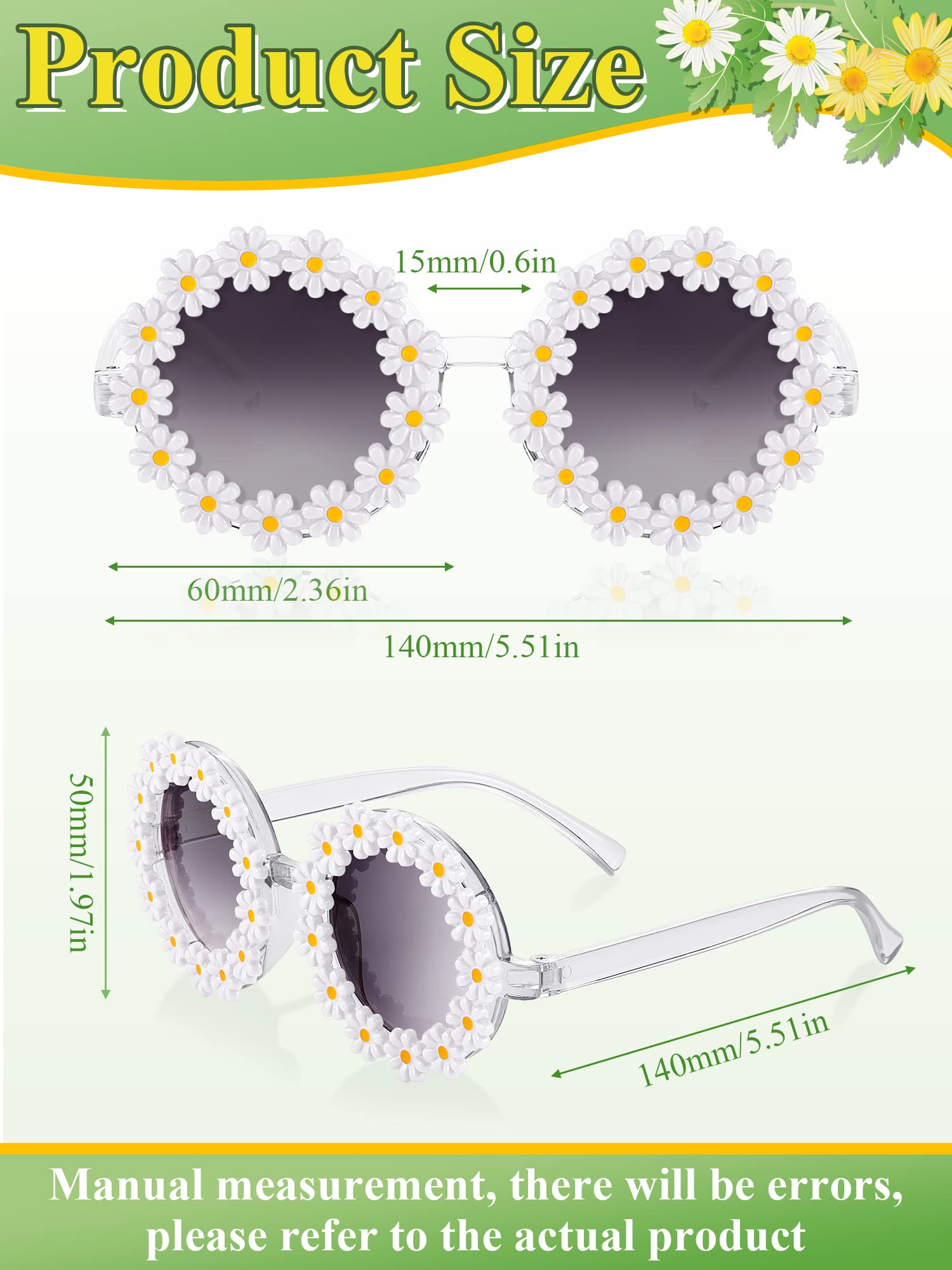 Dunzy 6 Pack Daisy Flower Sunglasses for Women Retro Hippie Round Glasses 70s Disco Groovy Sunglasses for Party Costume Accessories, 6 Colors