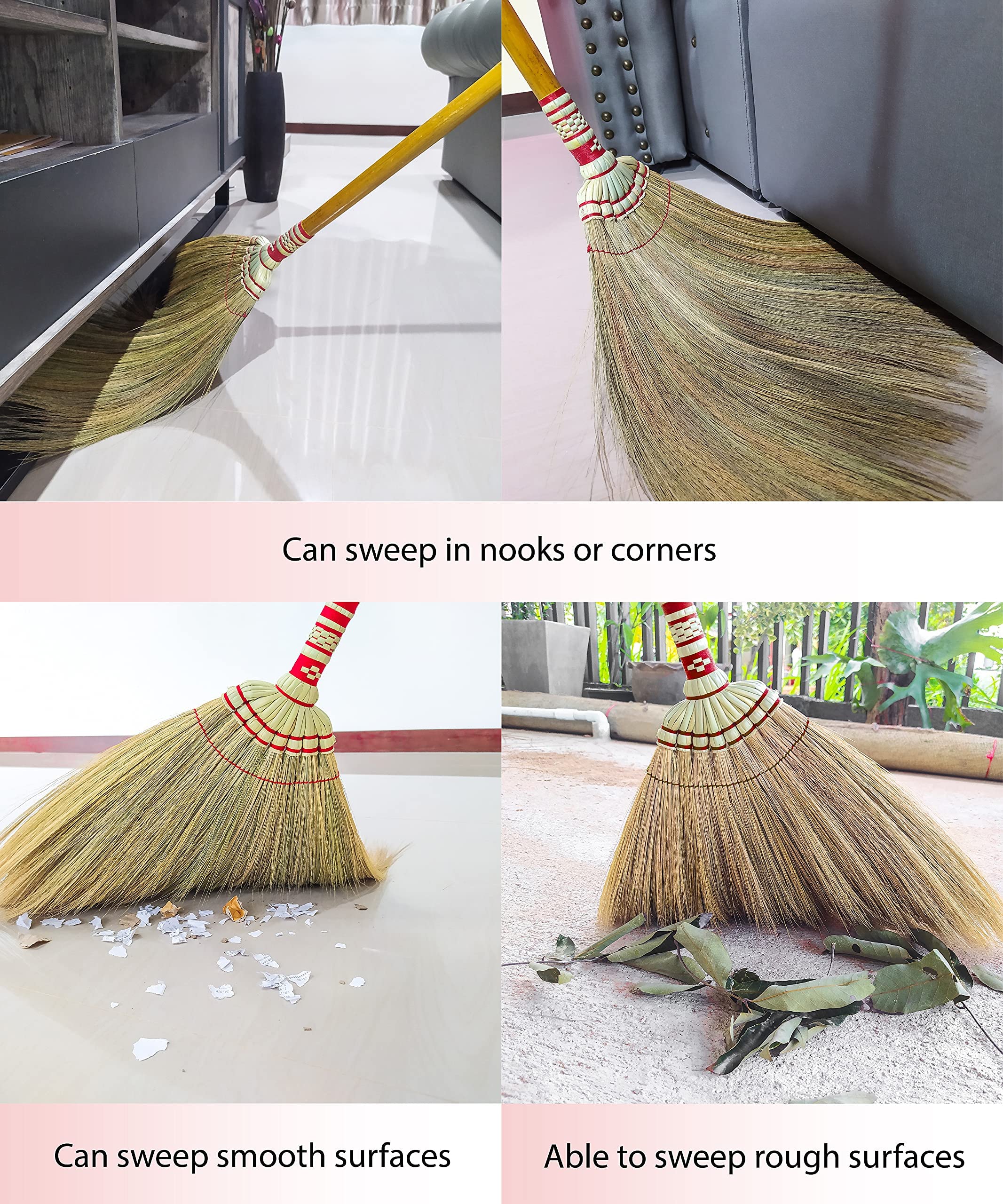 Indoor Grass Broom 40 Inch with Bamboo Handled Brooms for Floor Cleaning, Smooth & Hard Floor - Sweeping Tool Unique Handmade Craft Broom Design for Home, Kitchen, Office, Courtyard, Tiled Floor