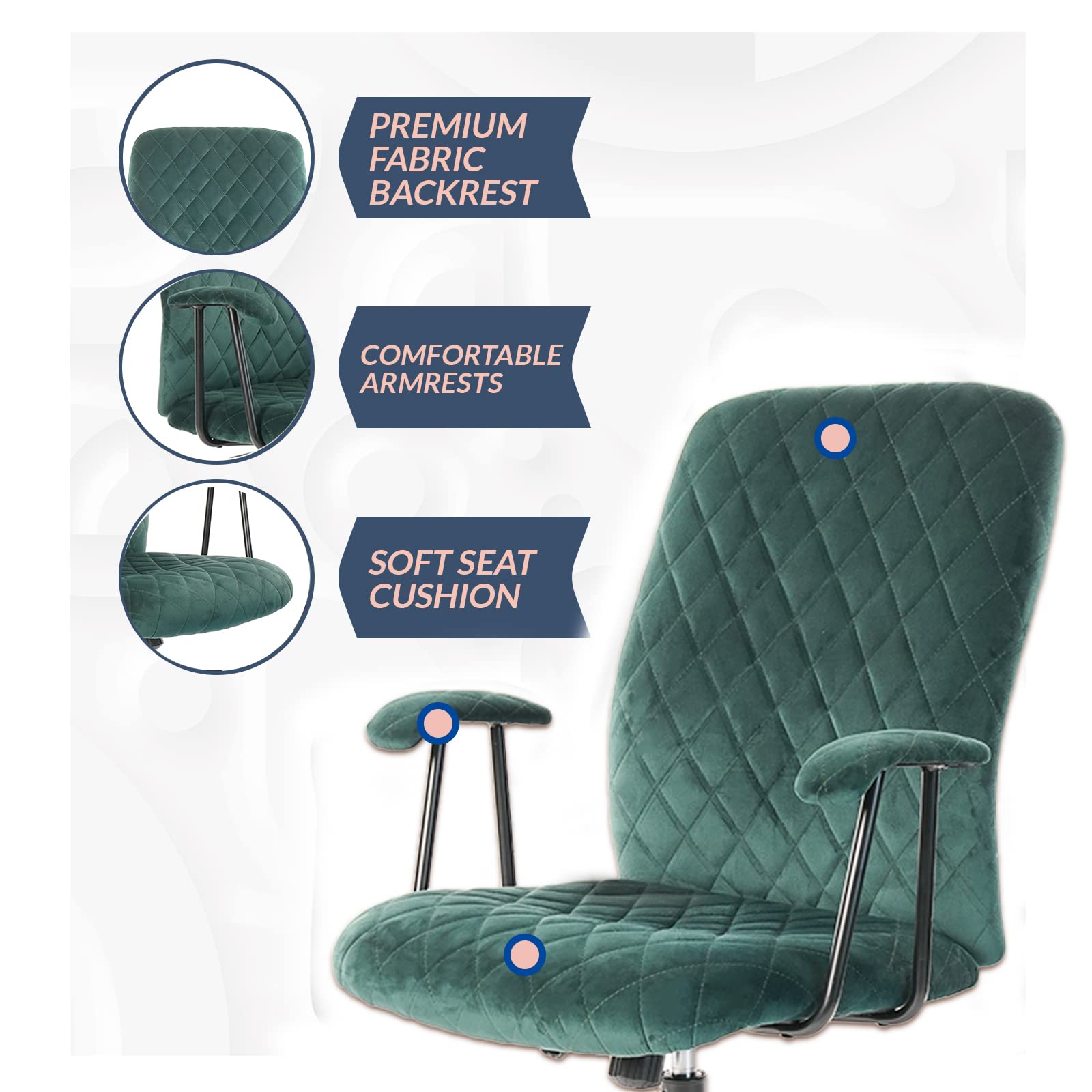 KLASIKA Dark Green Home Office Chair, Vintage Upholstered Adjustable Swivel Arm Chair with Lumbar Support Wheels, Mid-Back Leisure Velvet Vanity Task Chair 4 Pack