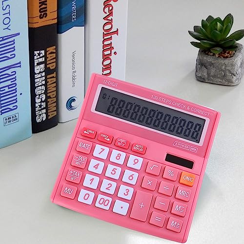 Office Desk Calculator 12 Digits with Solar Power and Easy to Read HD LCD Display, Big Buttons, for Financial Affairs,Home, Office, School, Class and Business,with Battery,Pink