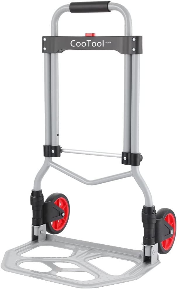 CooTool Folding Hand Truck and Dolly, 265 lb Capacity Aluminum Portable Cart with Telescoping Handle and PP+EVA Wheels