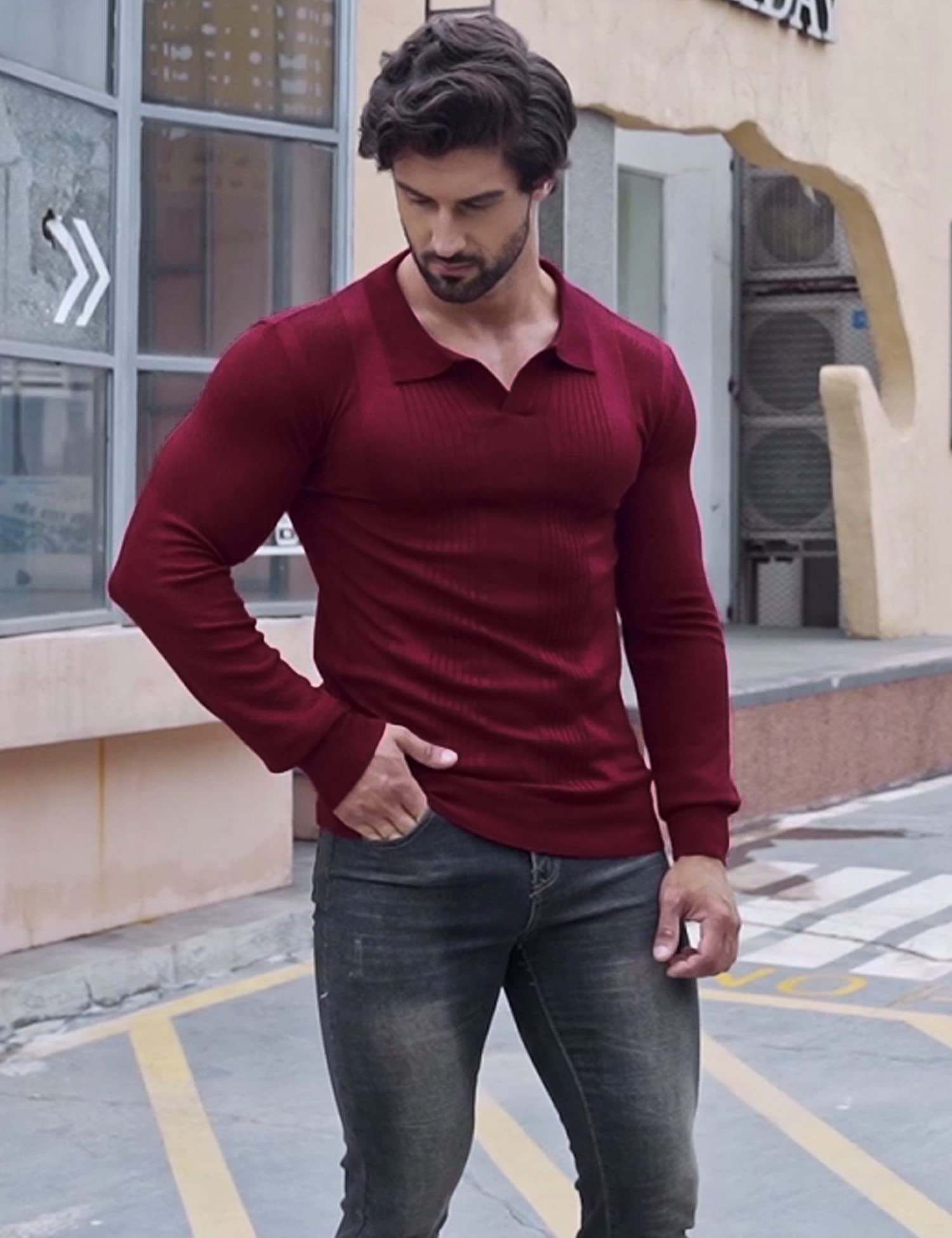 CHOMOLEZA Men's Slim Fit Knit Polo Shirt Long Sleeve Casual Basic Tee Stretch Golf Shirt Muscle Fit T-Shirt Wine Red M