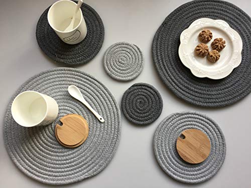 CheeseandU Braided Drink Coasters, 4Pack 7.1" Cotton Thicken Woven Absorbent Heat-Resistant Non-Slip Table Cup Mat Hot Pads Mats for Drinks Home Kitchen Dining Party Supplies Dark Grey