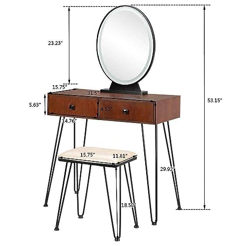 KJNS Brown Makeup Vanity Table Stool Set w/Touch Swith Light 2 Drawers Vanity Desk Makeup Vanity Side Tables Bedroom Vanity Table Portable Desk Vanity Set