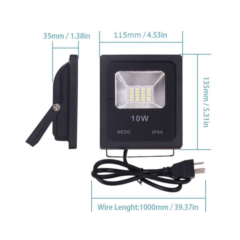 WeDo 10W Ultra Bright Outdoor SMD LED Flood Light Reflector IP66 Waterproof Wall Garden Home Yard Hotel Pathways Security Lights with US Plug Daylight White 6500K
