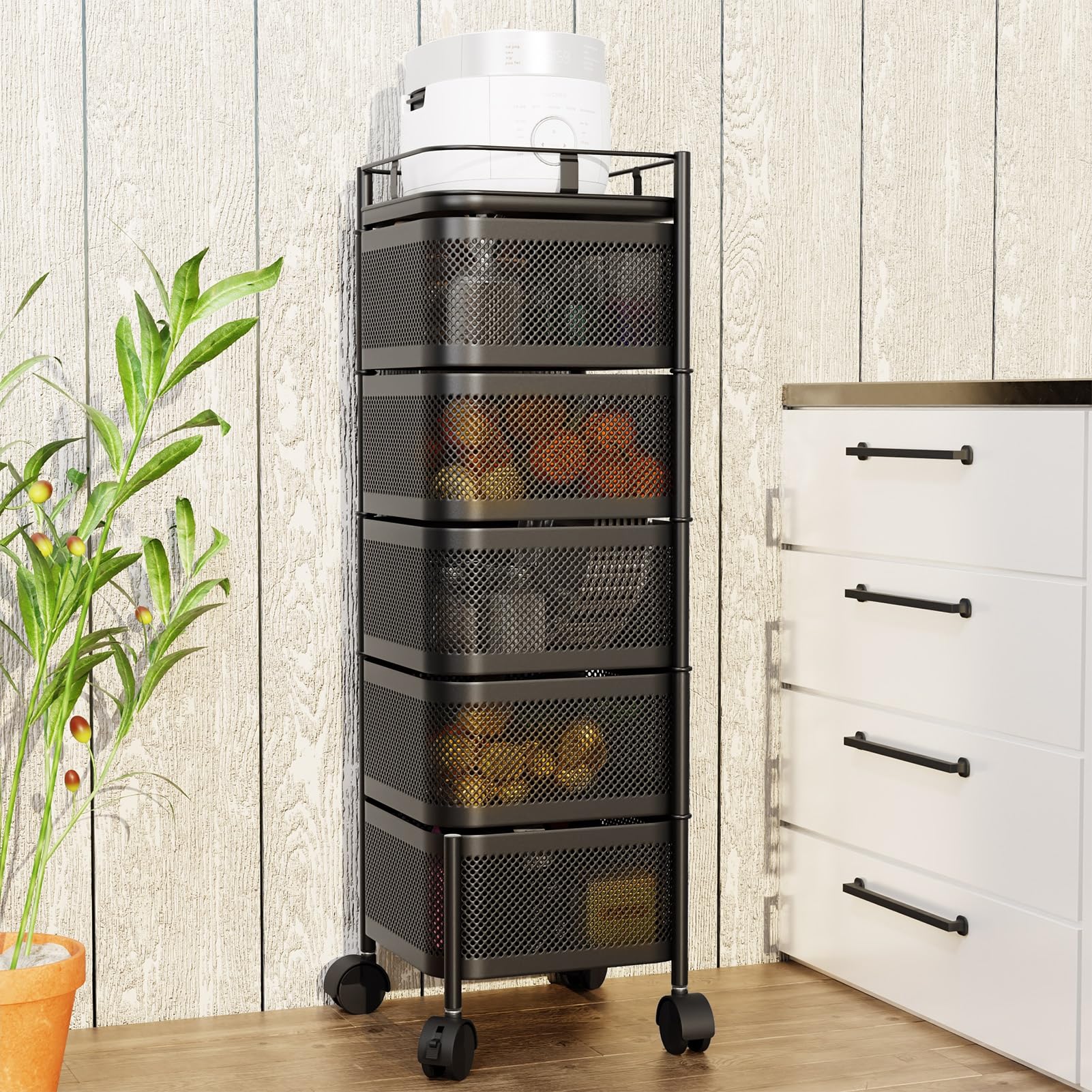 clinmday Rotating Storage Rack for Kitchen, 5-Tier Multi Layer Removable Basket Shelf Organizer on Rolling Wheels Rolling Shelf for Fruit Vegetable Grocery Corns Potato Onion (5-Tier, Black) Black 5-
