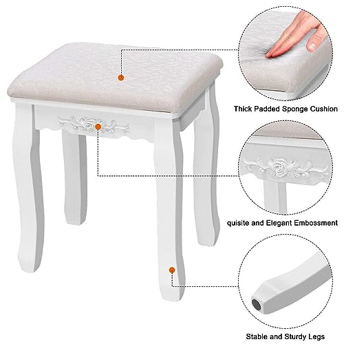 KJNS White Tri Folding Mirror Vanity Makeup Table Stool Set Desk with 4 Drawers Vanity Desk Makeup Vanity Side Tables Bedroom Vanity Table Portable Desk Vanity Set