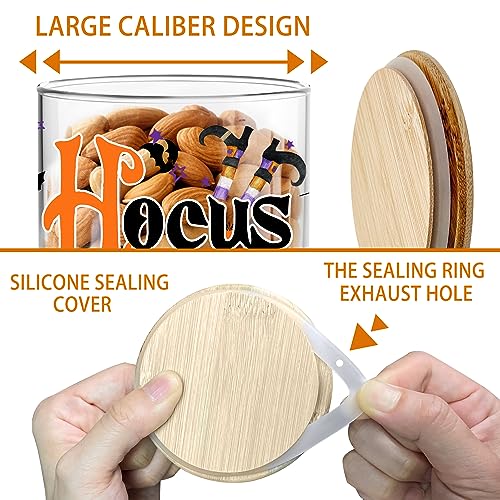 Halloween Decor 3 Pack Glass Storage Jars with Airtight Bamboo Lid - Hocus Pocus Canisters Sets for Kitchen Countertop - Clear Halloween Glass Storage Jars for Coffee Bean, Cookie, Candy, Tea, Flour