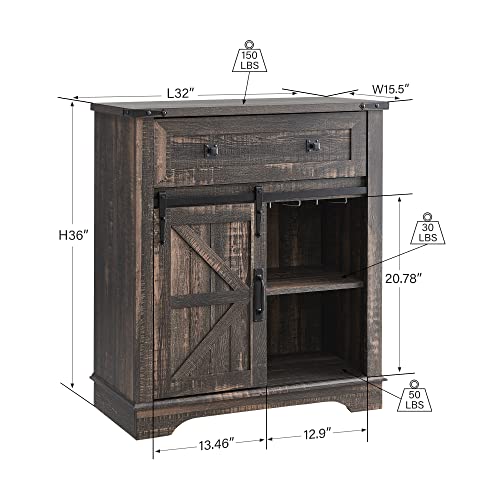 OKD Farmhouse Coffee Bar Cabinet, 32" Sliding Barn Door Buffet Sideboard Cabinet with Drawer, Adjustable Storage Shelves, Wooden Accent Cabinet for Kitchen, Living Room, Dining Room(Dark Rustic Oak)