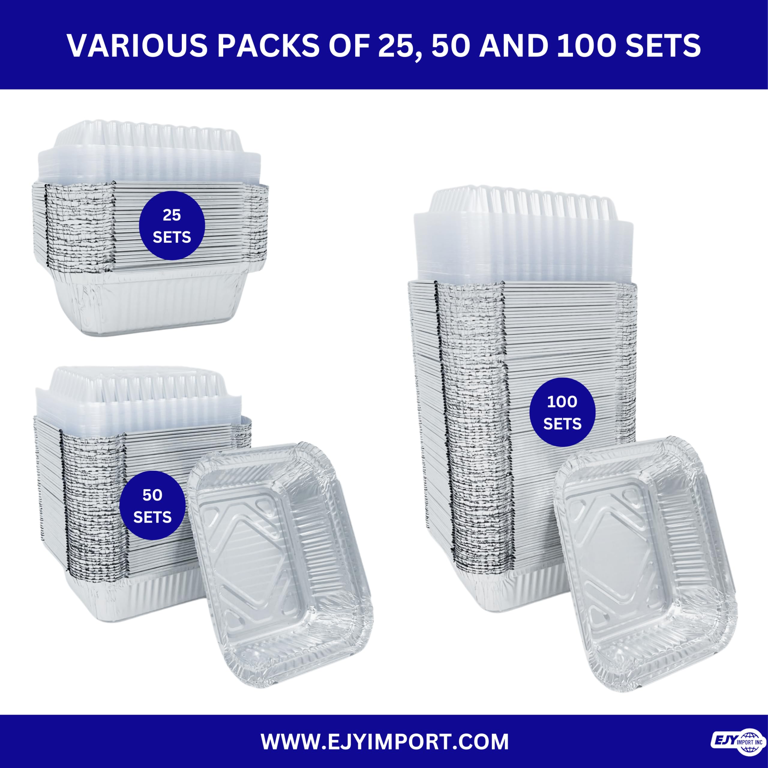 EJY IMPORT Disposable Takeout Pans with Clear Dome Lids | 1lb Capacity Aluminum Pans | Food Containers with Strong Seal for Spill Resistance & Freshness | Recyclable & Eco-Friendly | (25 SETS, 1LB)