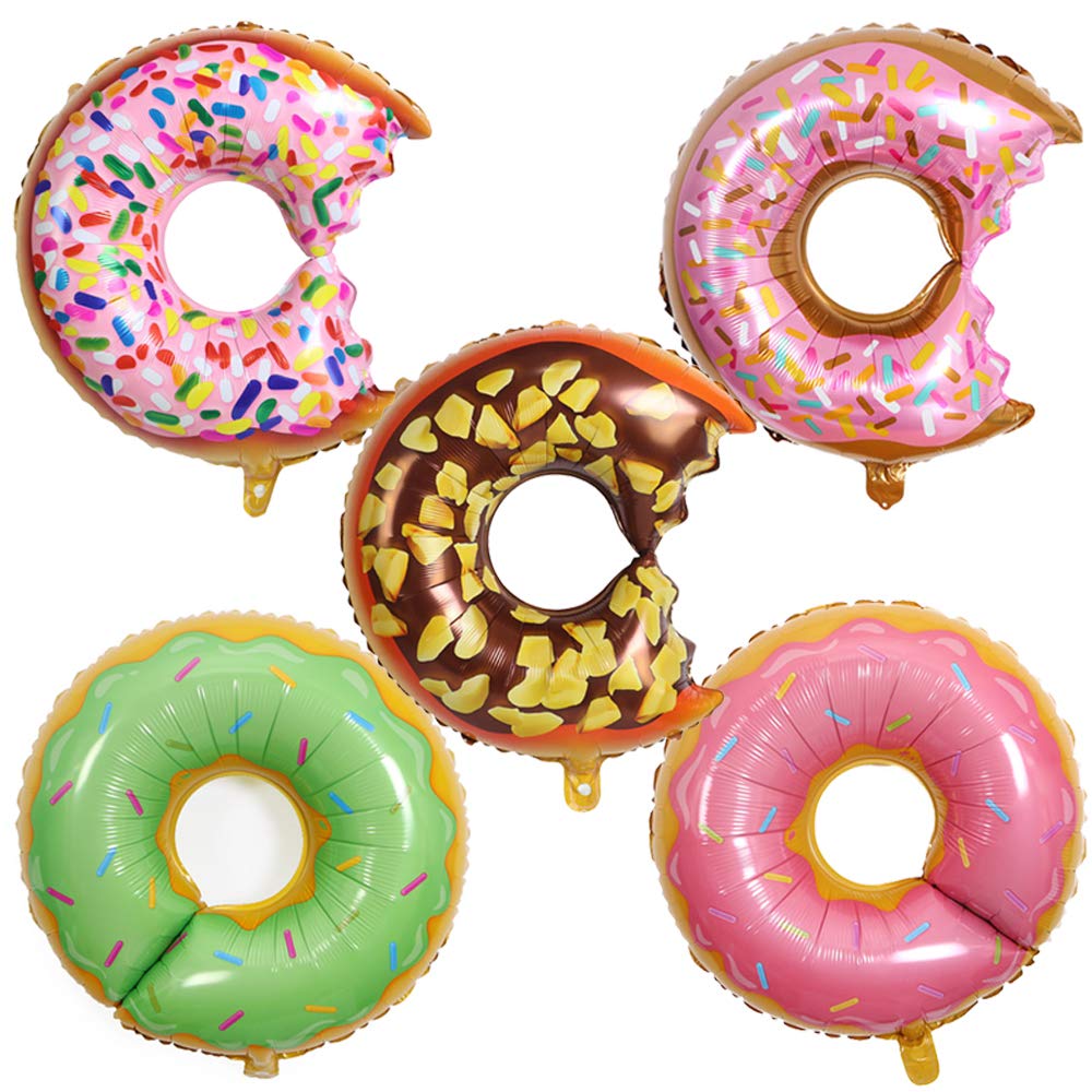 HORUIUS Donut Balloons Sweet Candy Multicolor Donut Shaped Aluminum Foil Mylar Balloons for Donut Theme Birthday Party Supplies Baby Shower Wedding Donut Time Balloons Decorations 28 inch 5PCS