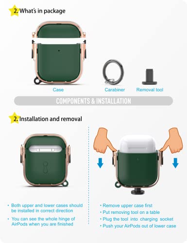 GuarzFun case for AirPods 1st & 2nd Case, Secure Lock Airpod case with Lock lid Keychain Clip, Full Body Hybrid Material Protective Cover for Men Women (Rose Golden + Green)
