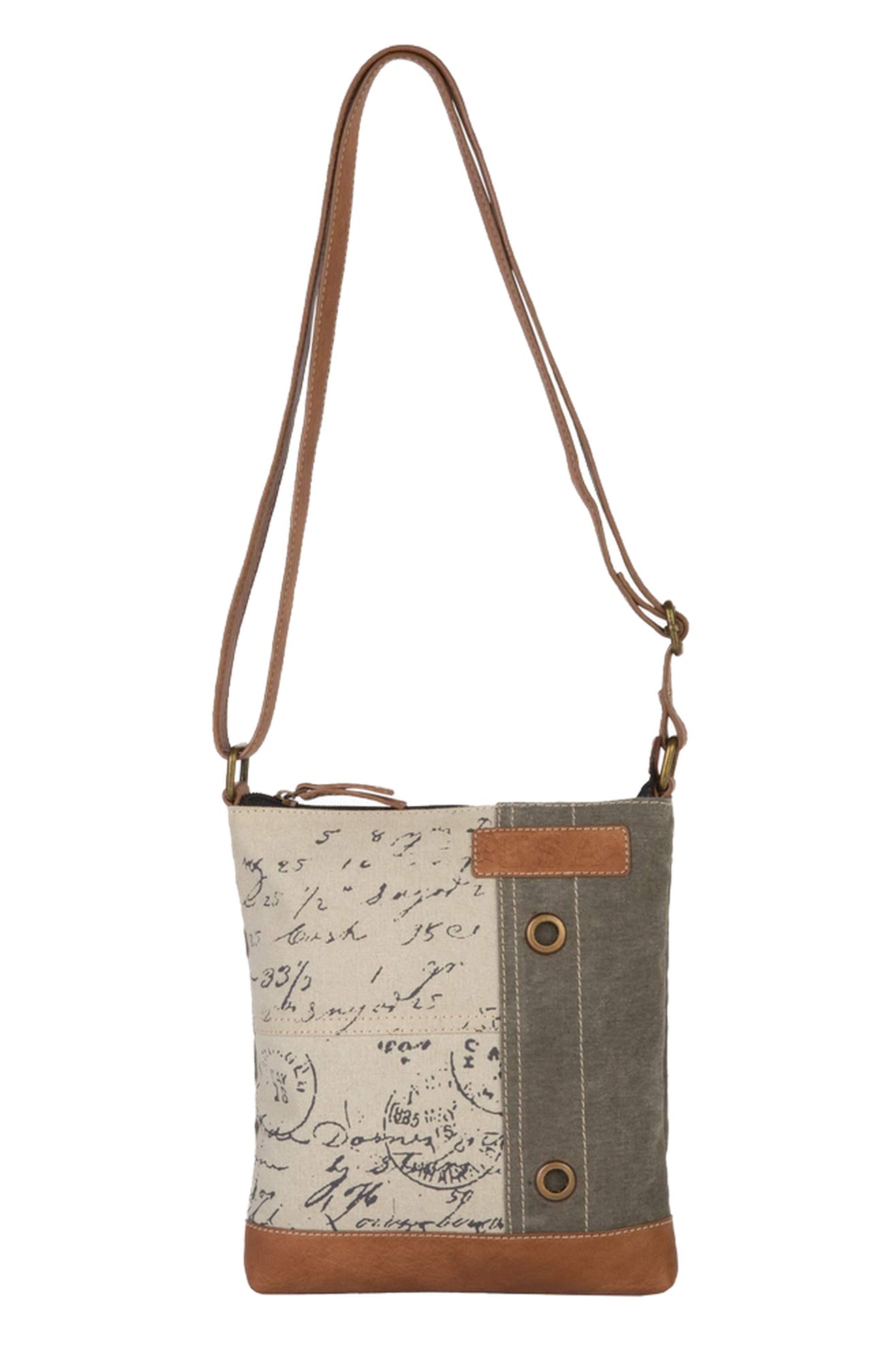 Mona B. Vintage Script Upcycled Canvas Crossbody Bag with Vegan Leather Trim M-5931