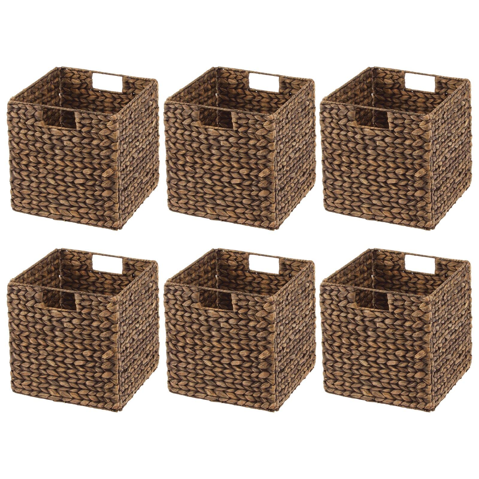 mDesign Natural Woven Hyacinth Cube Organizer Basket with Handles, Storage for Bathroom, Laundry Room Shelf or Nursery - Perfect for Cubby Storage Units - Hold Blankets and Books - 6 Pack, Brown Wash
