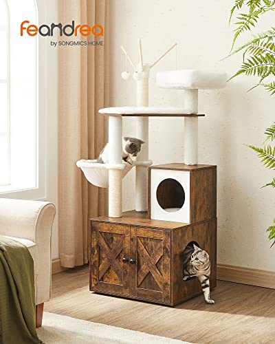 Feandrea WoodyWonders Cat Tree with Litter Box Enclosure, 2-in-1 Modern Tower, Furniture Hidden, Cat Condo with Scratching Posts, Removable Pompom Sticks, Rustic Brown UPCT113X01