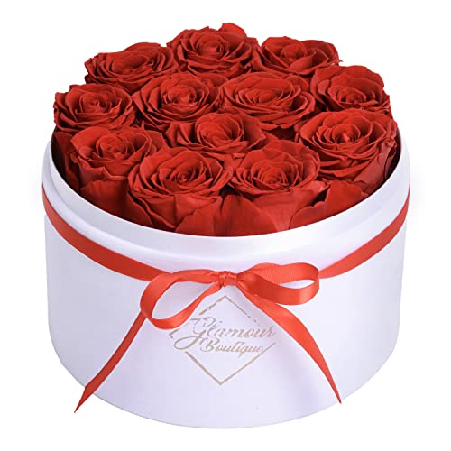 GLAMOUR BOUTIQUE Forever Flower Gift Box: 12 Real Preserved Roses in Round Velvet White Box, Handmade, Rose Petals, Birthday, Marriage,Anniversary, Graduation - Red