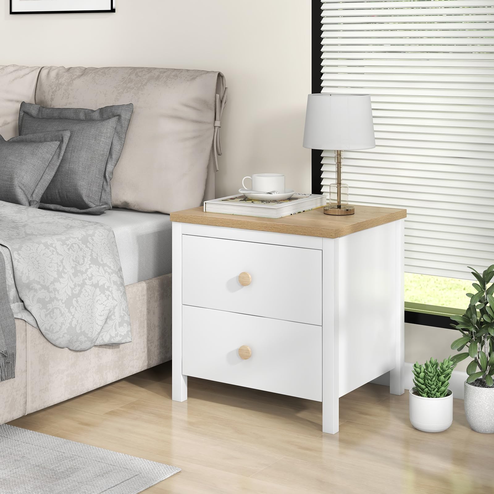 Giantex Night Stand with 2 Drawers, Farmhouse Bedside Table with Cute Round Knobs, Wooden Floor End Table with Rubber Wood Legs, Small Sofa Side Table for Small Space Kids Bedroom College, White