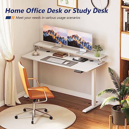 KKL Height Adjustable Electric Standing Desk with Monitor Shelf, 48 Inch Stand Up Table, Sit Stand Desk with 4 Memory Preset,Home Office Computer Workstation,Motorized Rising Desk,White
