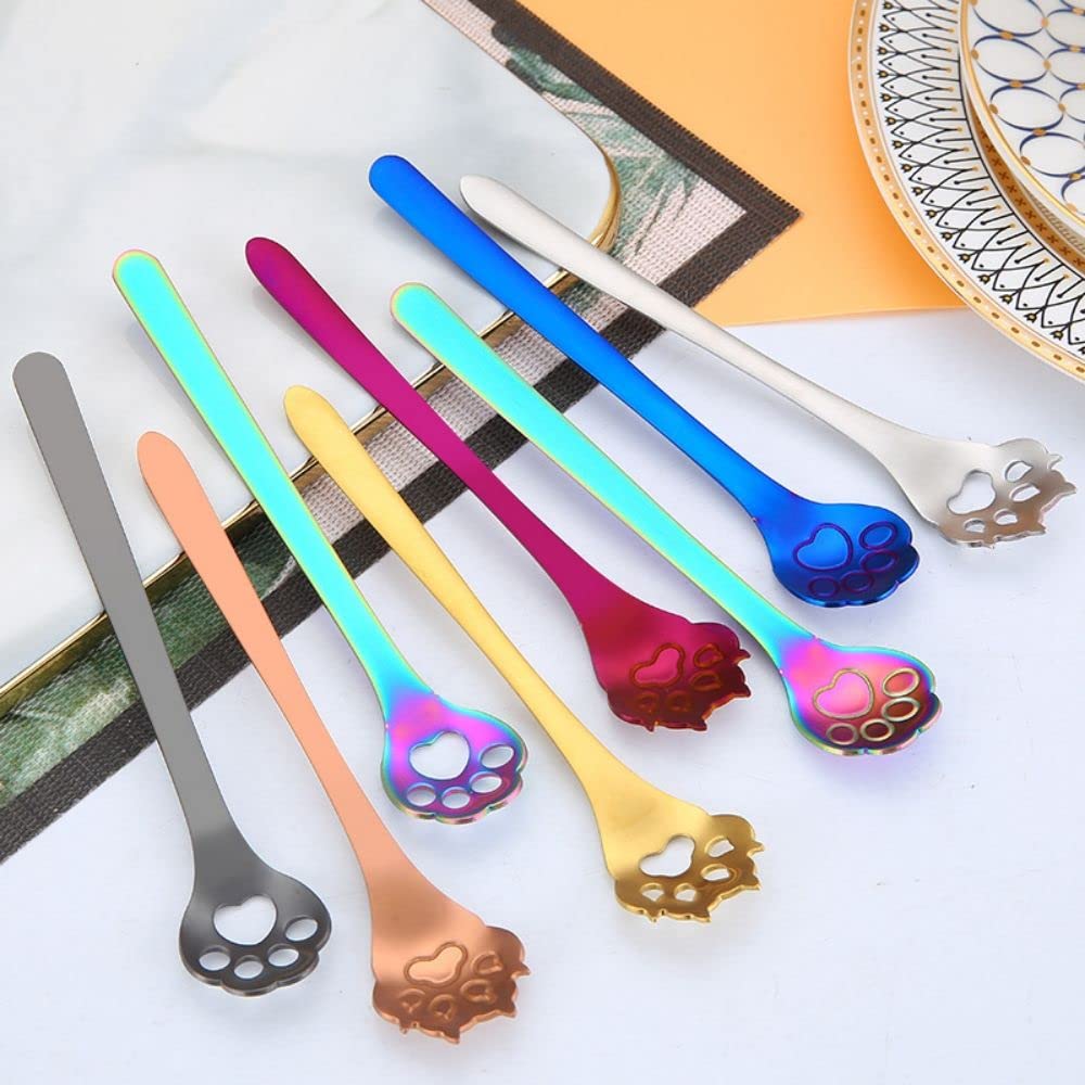 Cat Paw Coffee Spoons, Cute Cat Paw/Dog Paw Stainless Steel Teaspoon Sugar Ice Cream Cake Dessert Spoon Stirring Spoon(Hollow Cat Paw,silver)