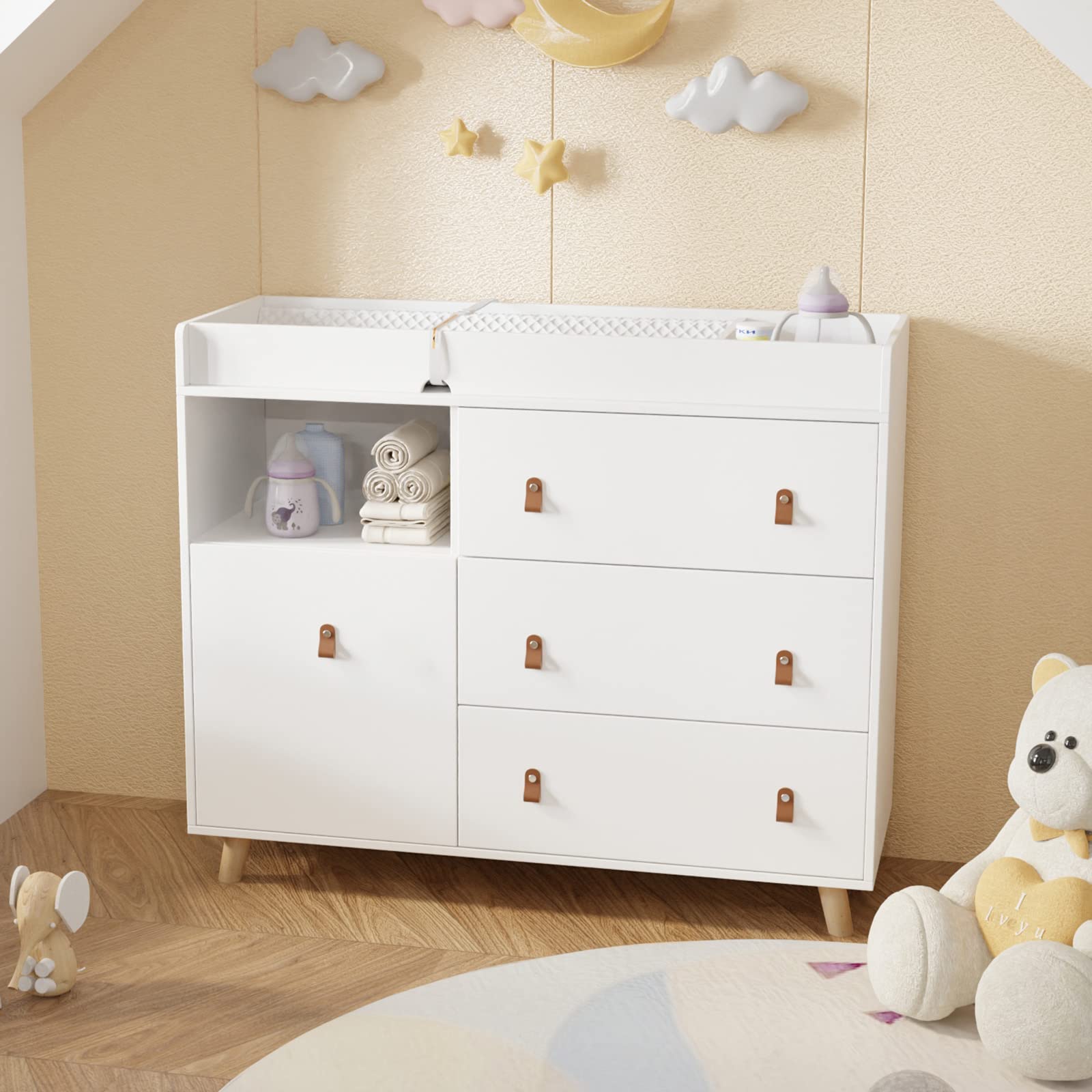 DAWNSPACES Baby Changing Table Dresser for Infants, Nursery Dresser Chest with Drawers, Storage Changing Station, White
