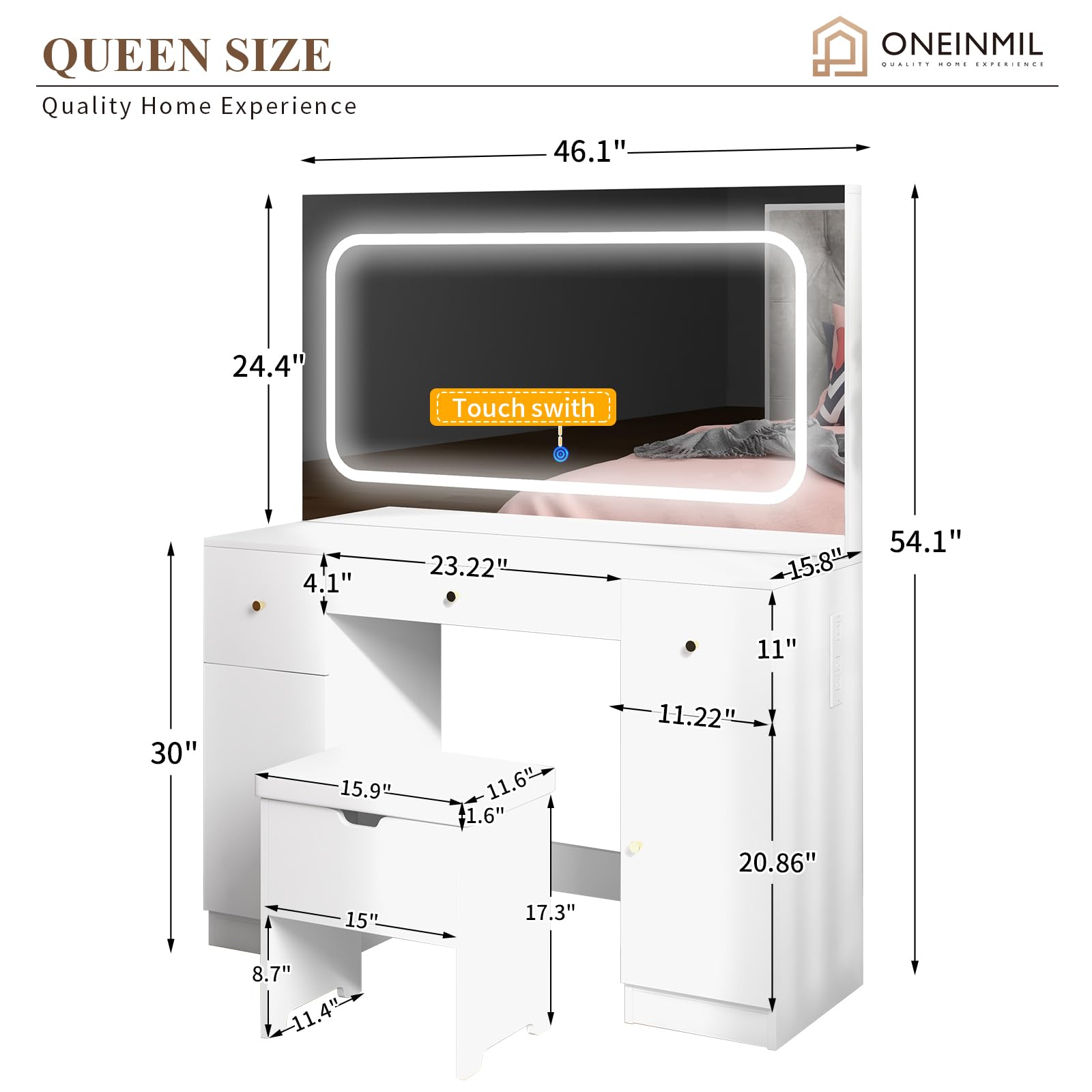 ClouDDwell Makeup Vanity Desk with Large Mirror and LED Lights, 3 Lighting Modes and Power Outlet. Makeup Vanity with 3 Drawers,2 Cabinets and Chair, Stool with Storage, for Bedroom, White, 1 Case