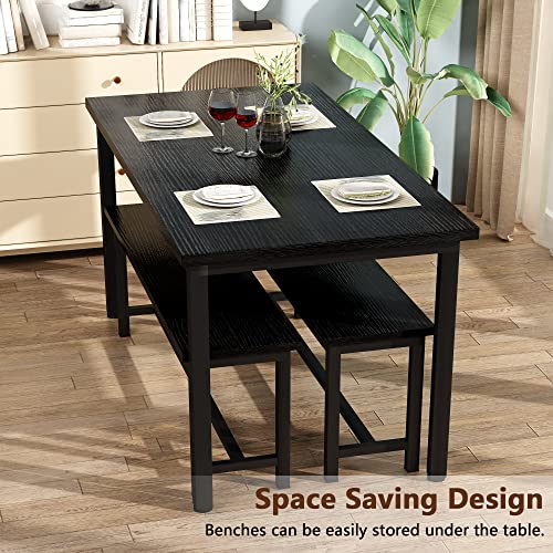 Lamerge Kitchen Table Set with 2 Benches 4 Person Dining Room Table Set for Home Kitchen, Dining Room, Restaurant, Space Saving, Black, 43.3''L x23.6''W x28.5''H (43B)