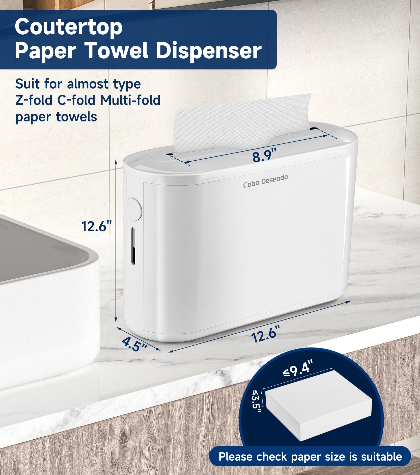 Cabo Deseado Countertop Paper Towel Dispenser Multifold Trifold C fold- Bathroom Commercial Hand Paper Towel Dispenser Holder for Kitchen Bathroom Toilet Hotel, 200 Sheets Refill Reminder