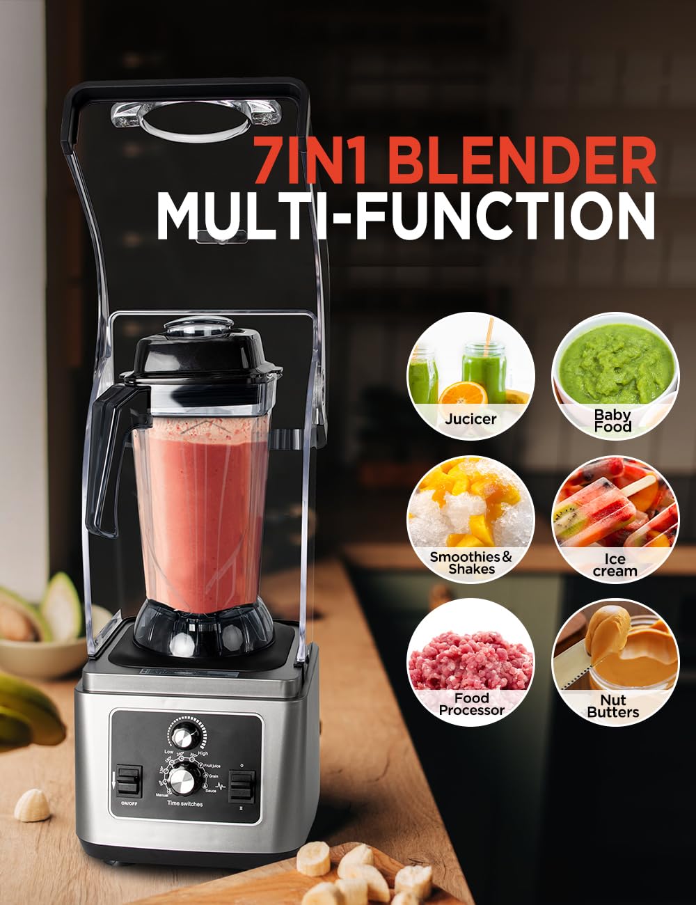 Cavlhils Commercial Blender for Kitchen, 2200W Professional-Grade Power Blender with Soundproof Cover, Electric Variable Speed Processor for Shakes and Smoothies, 88 oz Container & 48000 RPM