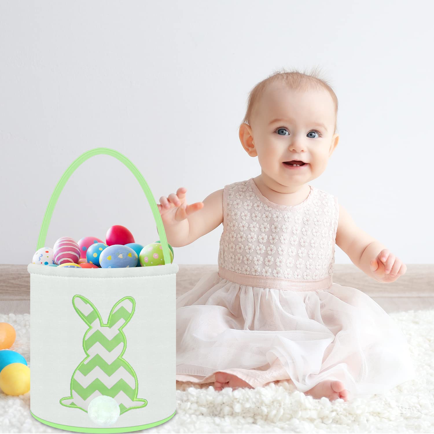 Doxrmuru Easter Basket for Kids Baby Easter Bunny Bag Easter Eggs and Candies Hunt Buckets Toddler Easter Egg Bags Gift Baskets (Green)