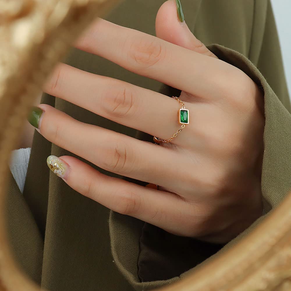 Chain Ring for Fingers 18k Gold Plated Titanium Steel Dainty Simple Delicate Thin Stack Adjustable Ring with Zircon, 2 Pack (Black & Green, Adjustable)