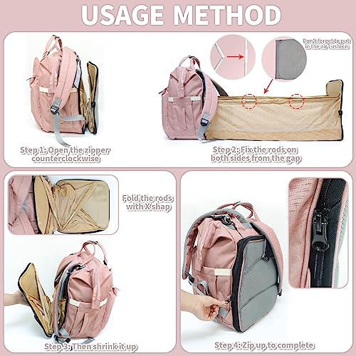 Uguisu Boys and Girls Diaper Backpack,Baby Nappy Bag Backpack,Baby Portable Folding Bed,Baby Large Capacity Multifunctional Diaper Backpack,Baby Gift - Pink
