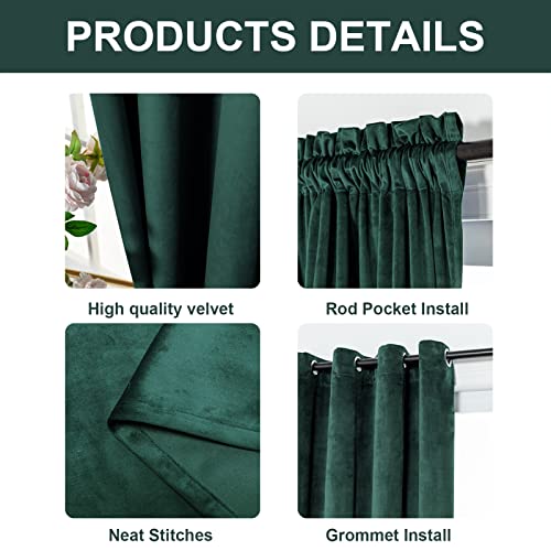 FY FIBER HOUSE 2 Window Panels, Room Darkening, Rod Pocket Super Soft Luxury Velvet, Energy Efficient, 52W x 63L, Decorative Drapes, Dark Green