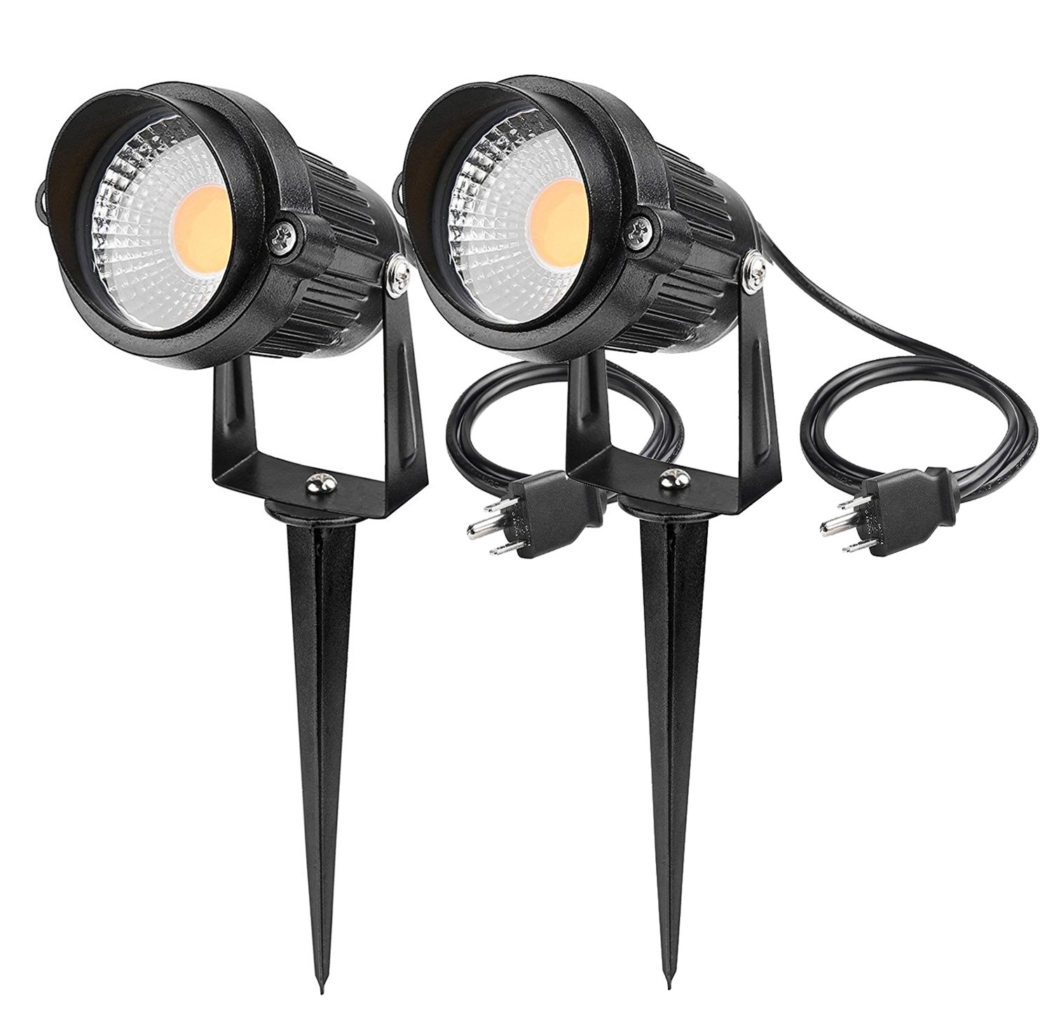 LemonBest Outdoor Landscape Lighting Plug in 5W COB LED Garden Wall Yard Path Spot Light w/Spiked Stand, Pack of 2 Warm White with AC Power Plug