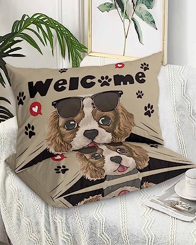 Edwiinsa Cute Love Heart Dog Pillow Covers Standard Size Set of 2 20x26 Bed Pillow, Black Paws Rustic Beige Welcome Plush Soft Comfort for Hair/Skin Cooling Pillowcases with Envelop Closure