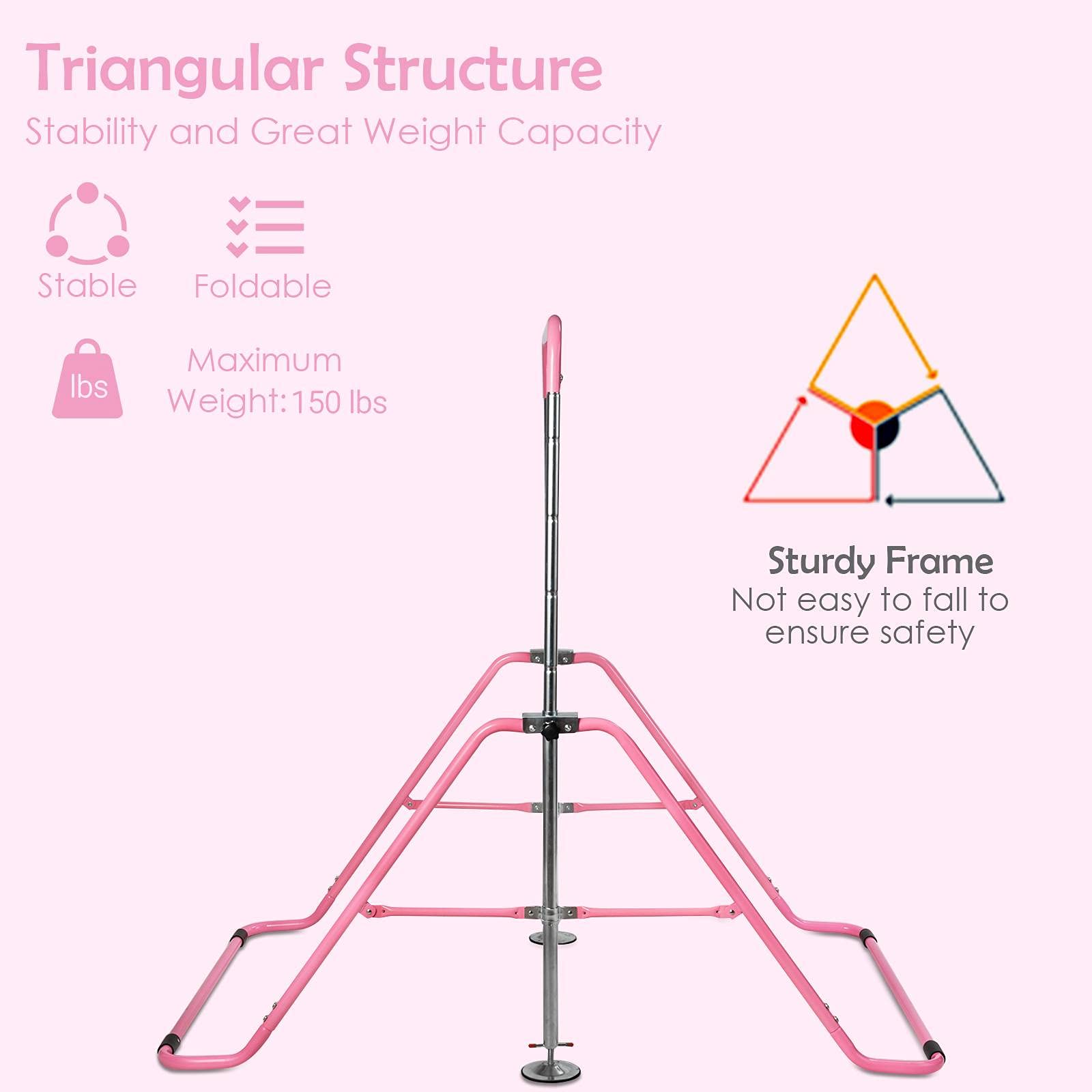 Costzon Expandable Gymnastics Training Bar, Folding Gymnastics Bar with Triangular Structure, 3 to 4.5 FT Height Adjustable Junior Horizontal Kip Bar, Training Monkey Bars for Kids Gymnasts (Pink)