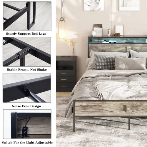Halitaa LED Full Size Bed Frame with Charging Station, Platform Metal Bed Frame with Headboard Storage & USB Ports Outlets, Farmhouse Bed Frame with Lights for Bedroom, Noise Free, Wash Grey (Full)