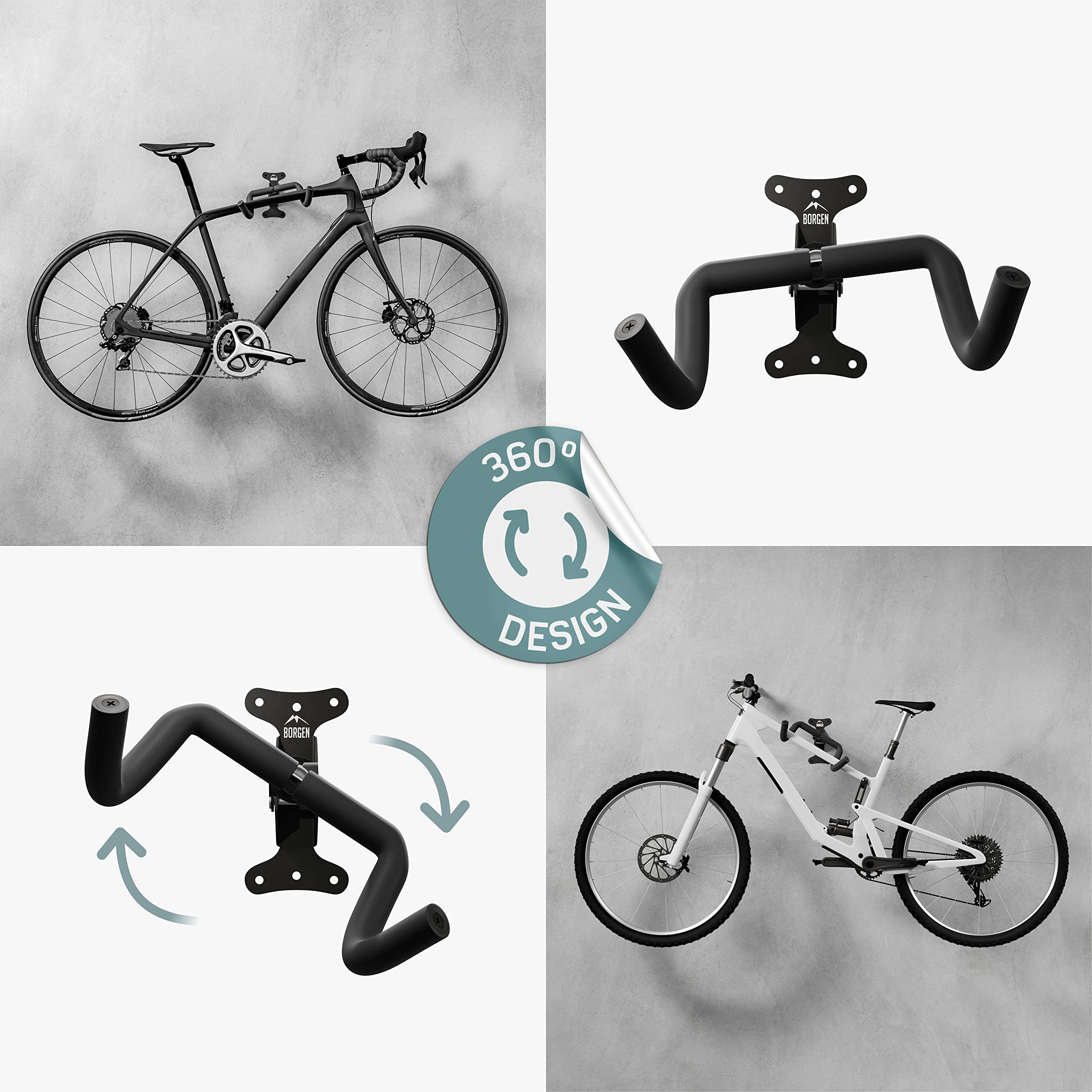 Borgen Bike Wall Mount I Bike mount - angle and wall distance adjustable, foldable, MTB, road bike wall mount bike- extra soft padding
