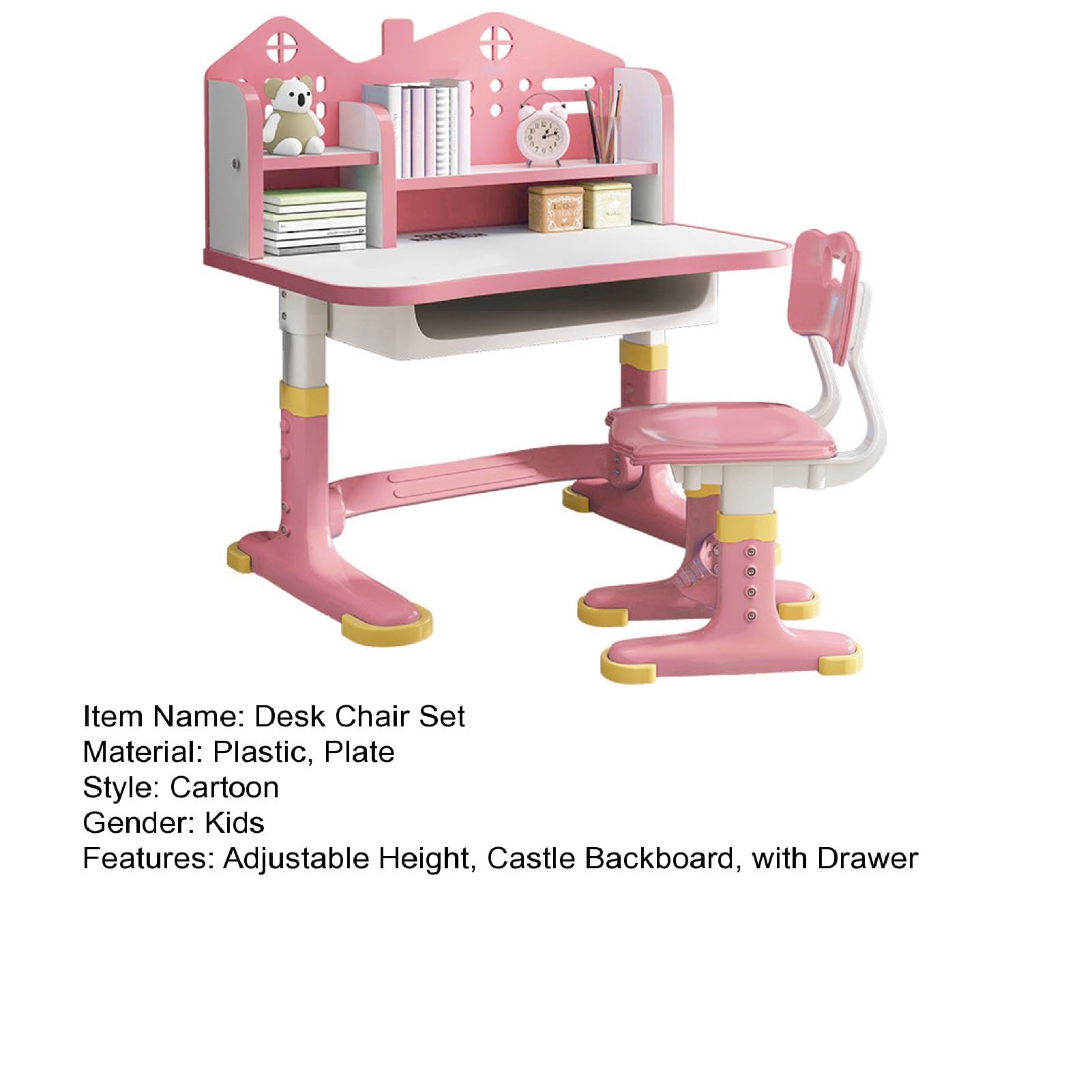 Ehozirta Kids Functional Desk Chair Set,Kids Desk and Chair Set, Height Adjustable Children School Study Desk with Castle Backboard, Widened Desktop, Bookstand and Storage Drawer (Pink)
