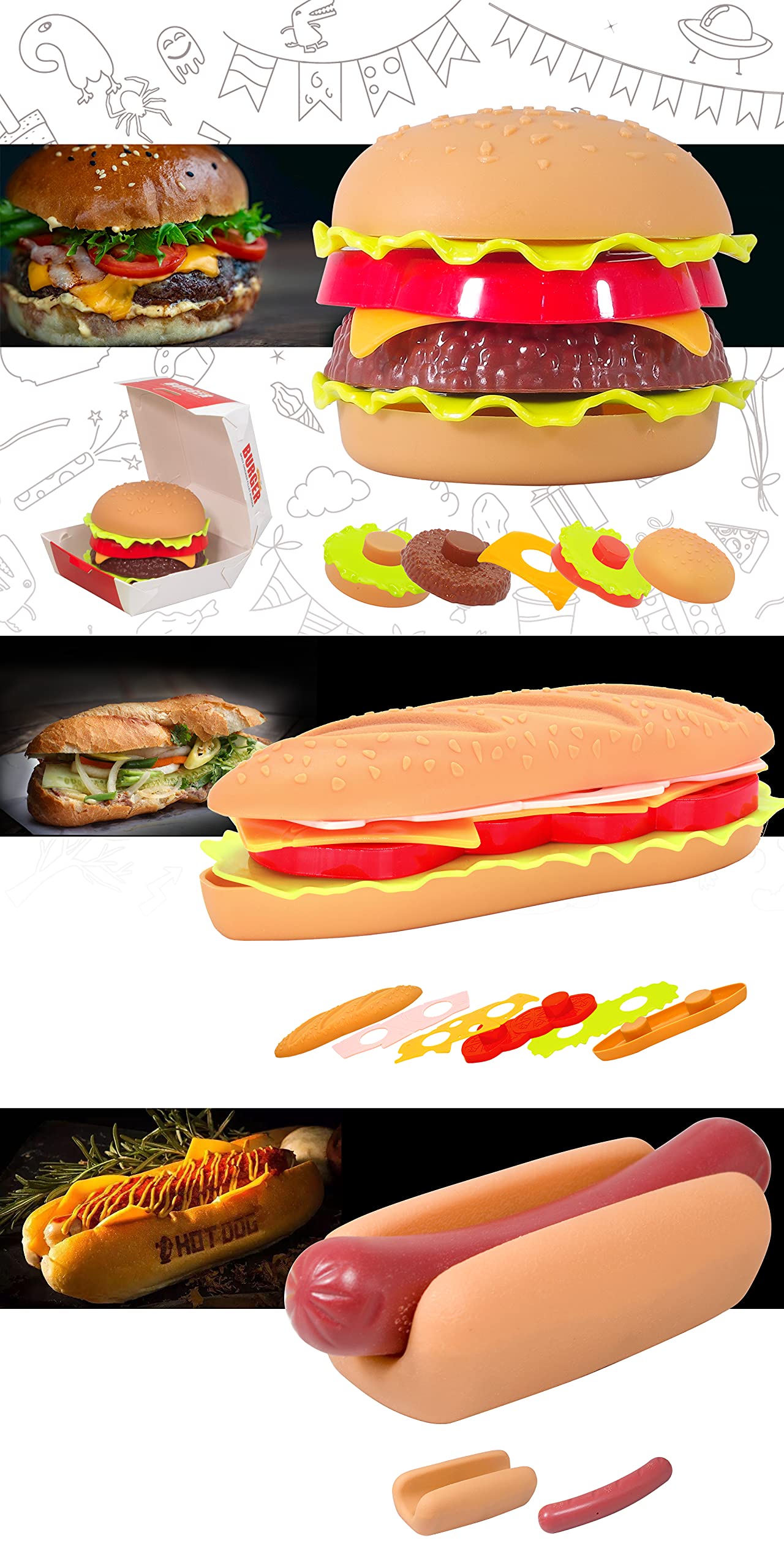 U DREAM Pretend Play Food Sets, Building Toy Burger Playset, Play Kitchen Accessories, Realistic Sandwiches.