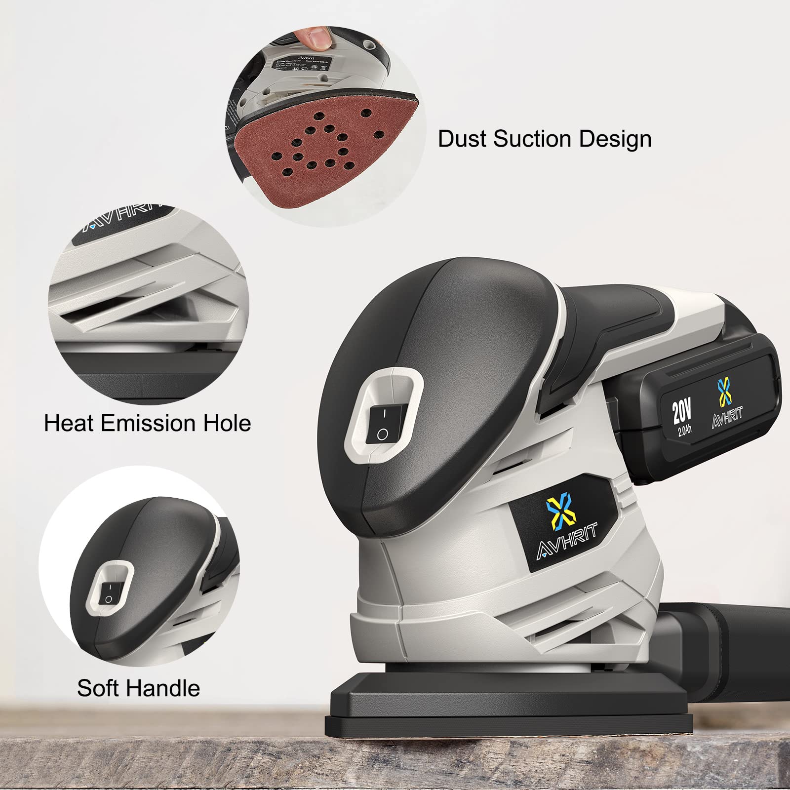 Cordless Detail Sander for Woodworking,20V Hand Sander with 1X2.0A Battery & Charger, 15000 OPM Mouse Detail Sander with 15PCS Sandpapers, Efficient Dust Collection System Tools for Wood Furniture