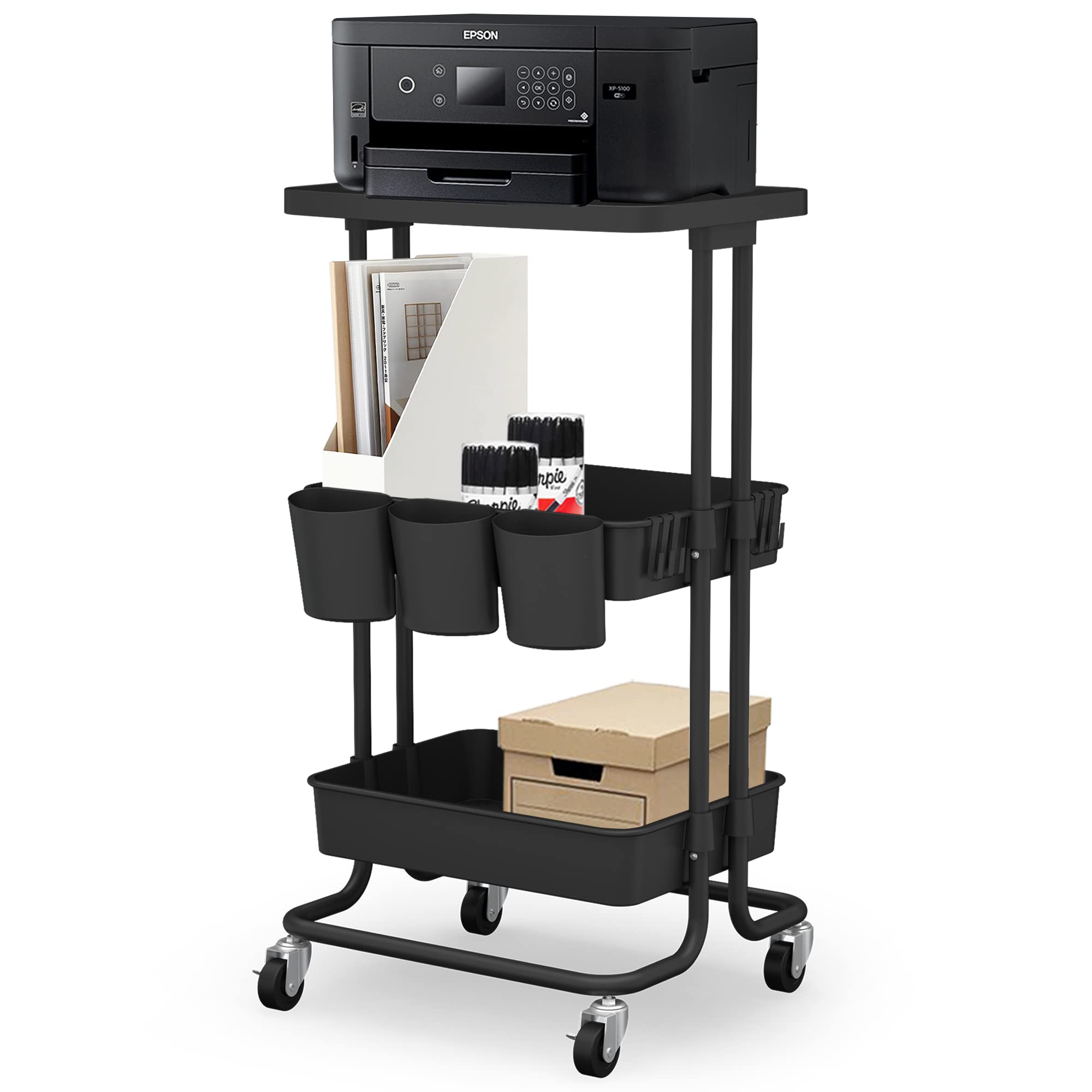 CAXXA 3-Tier Rolling Storage Organizer with Tabletop and 3 Small Baskets - Mobile Utility Cart, Printer Cart, Kitchen Cart (Black)