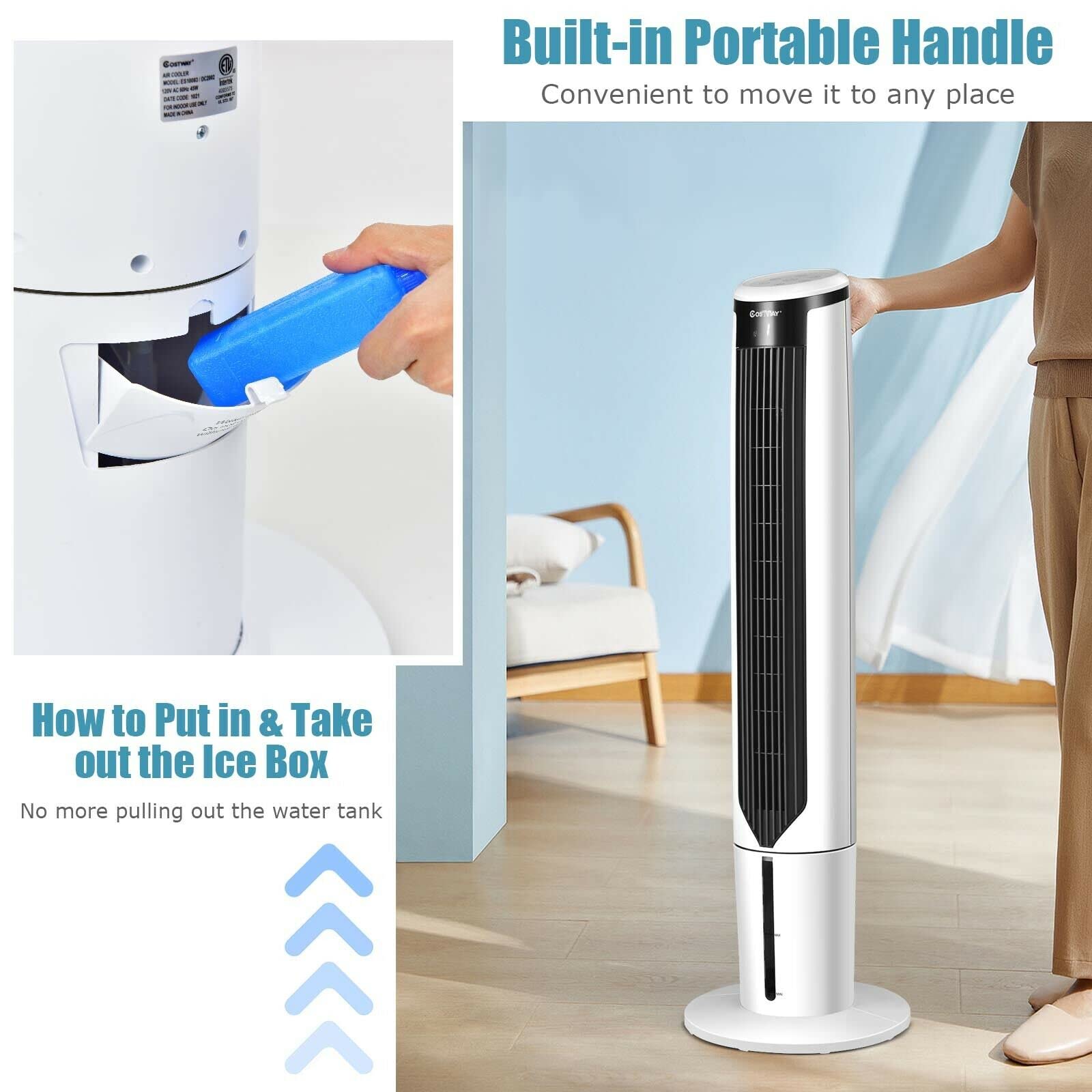 COSTWAY Portable Evaporative Air Cooler for Room, Quiet 41-inch Oscillating Air cooler with Remote, 3 Modes, 3 Speeds, LED Display, 9H Timer, Floor Standing Bladeless Cooler for Home Office Bedroom
